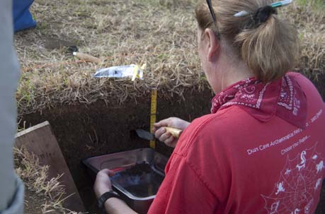 Dr. Sarah Sherwood collecting soil samples, Square 24. © EISP.ORG 2014